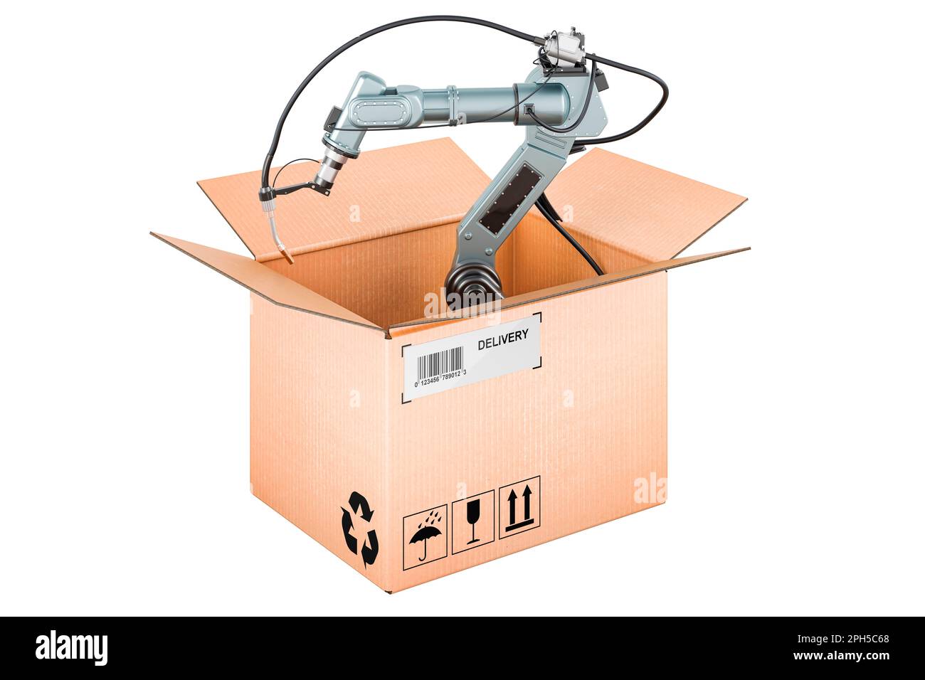 Robot welding inside cardboard box, delivery concept. 3D rendering ...