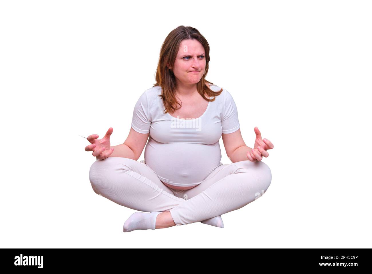 Pregnant woman gets angry in a bad mood in home, isolated on a white ...