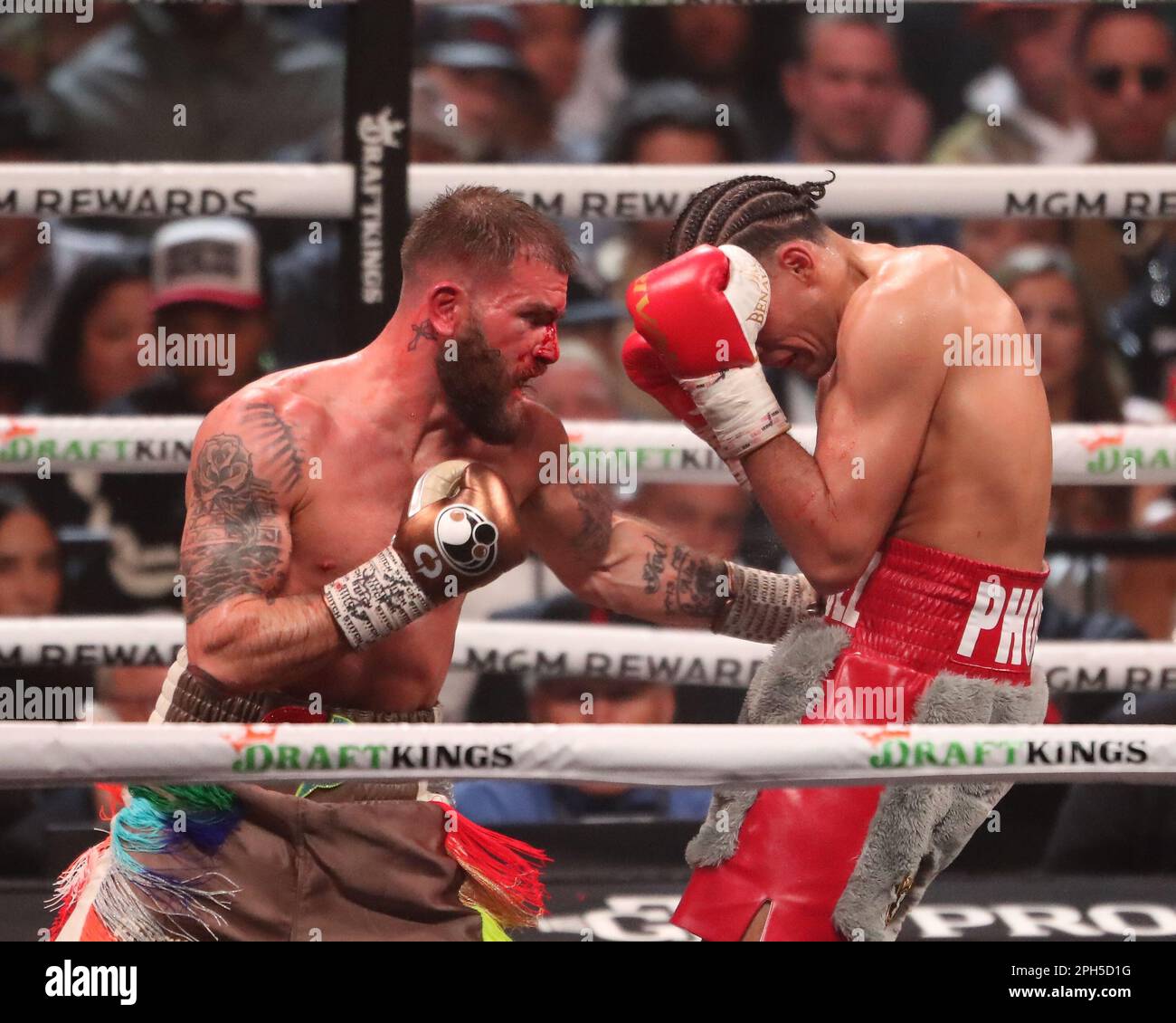 LAS VEGAS, NV - MARCH 25: (L-R) Caleb Plant punches David Benavidez in their Interim WBC World ...