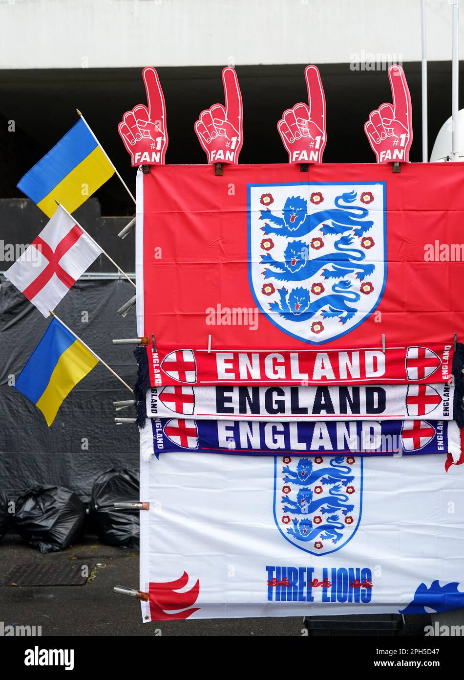 England and Ukraine flags for sale ahead of the UEFA Euro 2024 Group C ...