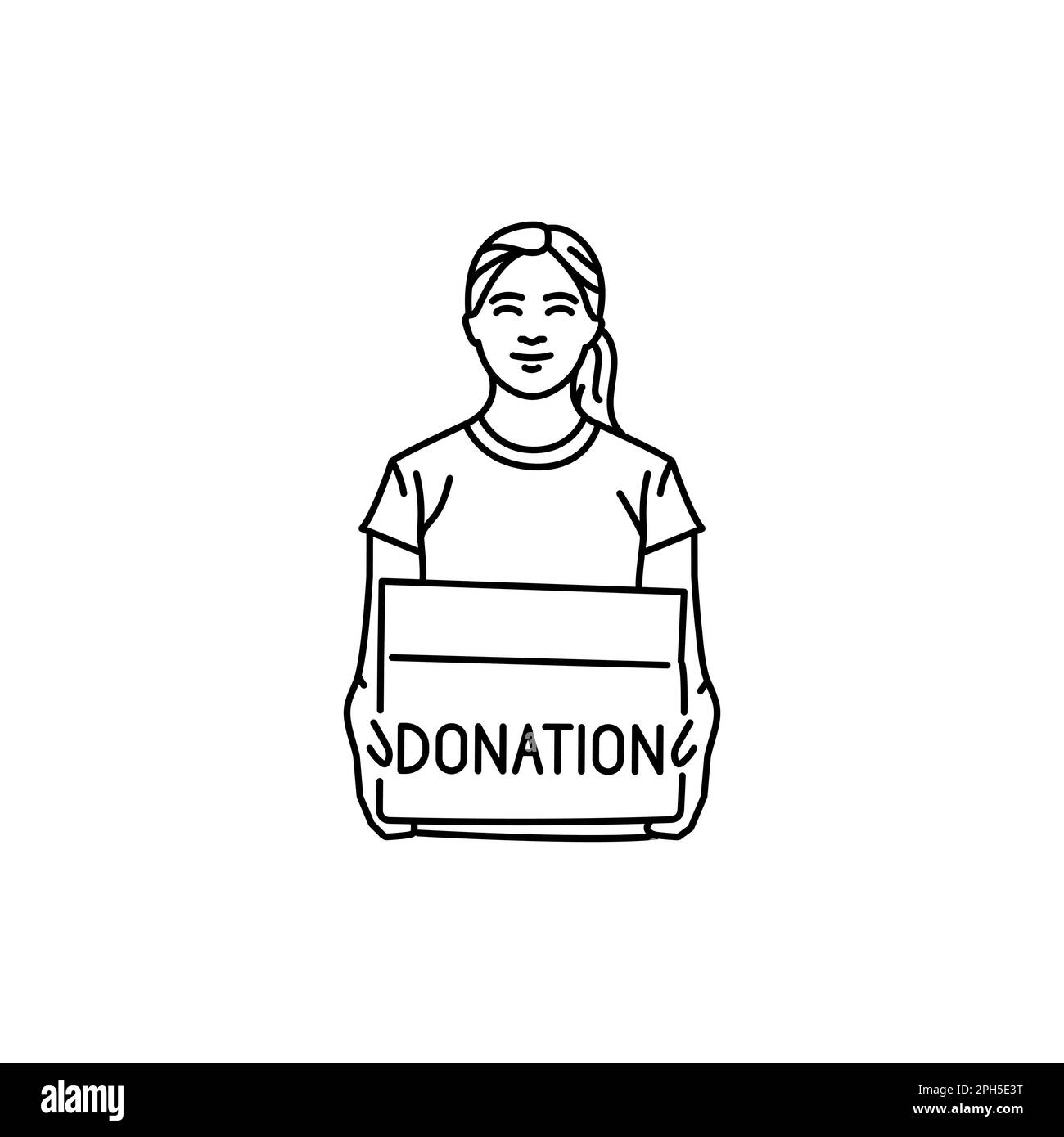 Smiling female volunteer with donation box black line icon. Pictogram ...