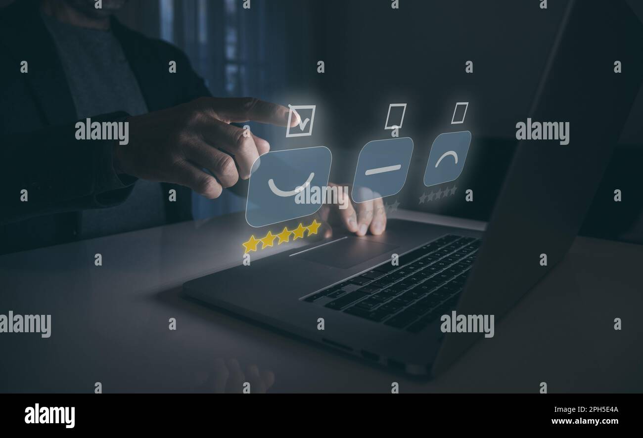 Customer review satisfaction feedback survey. User giving rating to ...