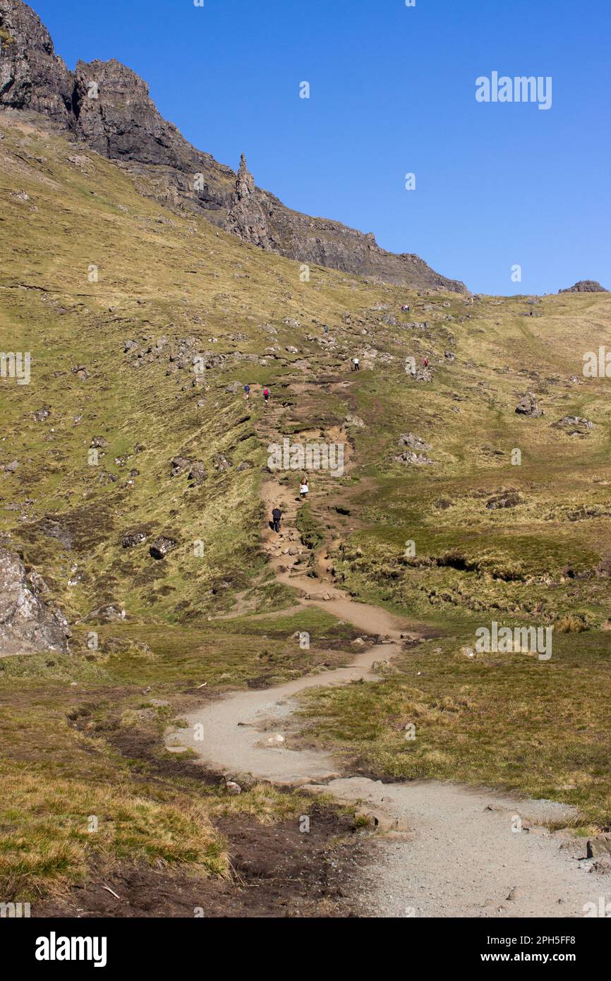 Hiking trail climbing up in the Trotternish ridge of the Isle of Skye ...