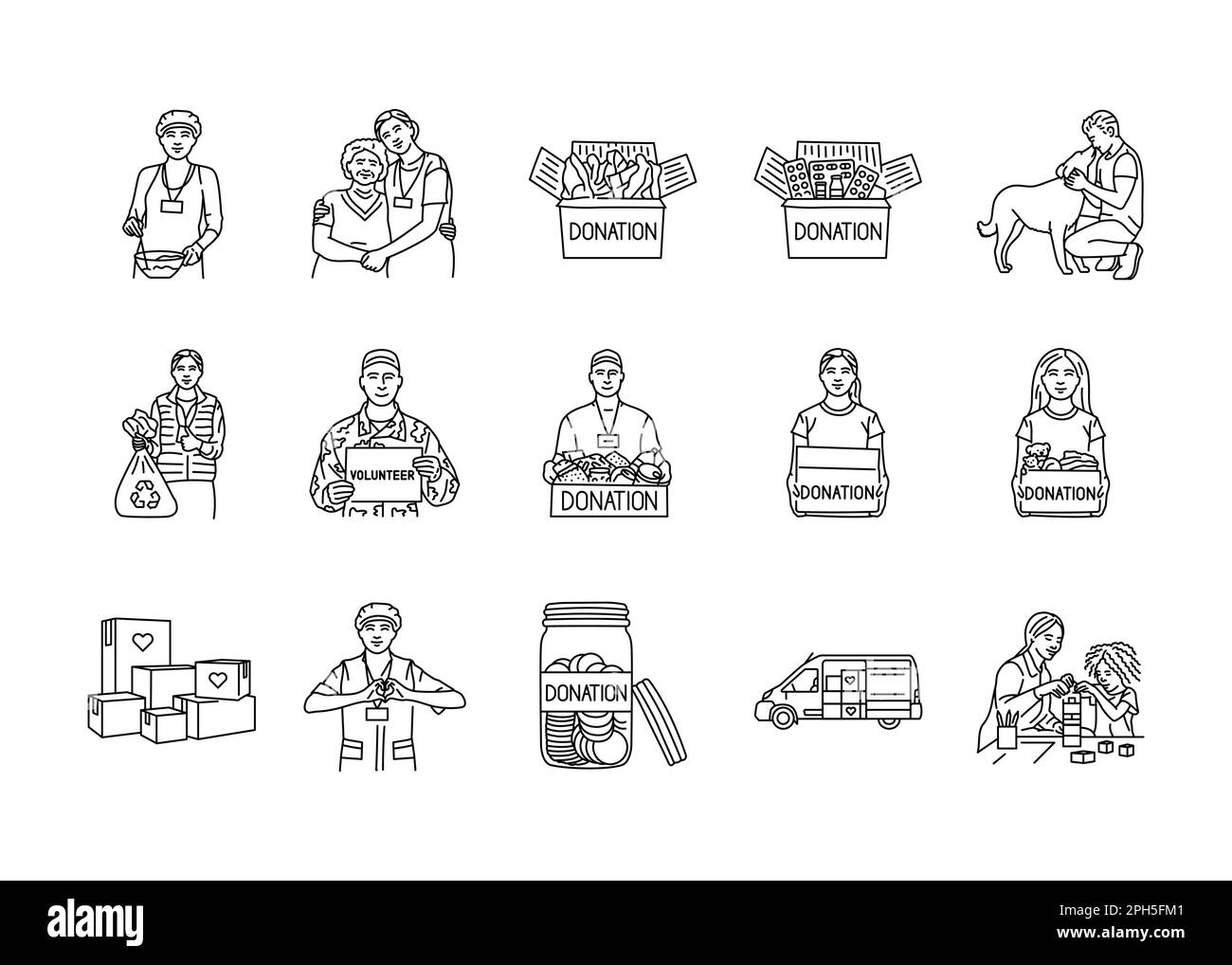 Donations and volunteer work black line icons set. Humanitarian aid ...