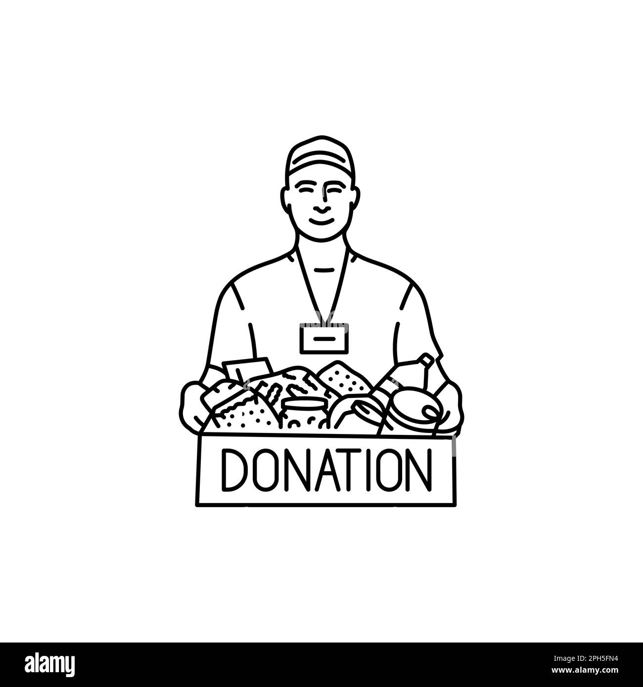 Smiling male volunteer with food in box black line icon. Donation food ...