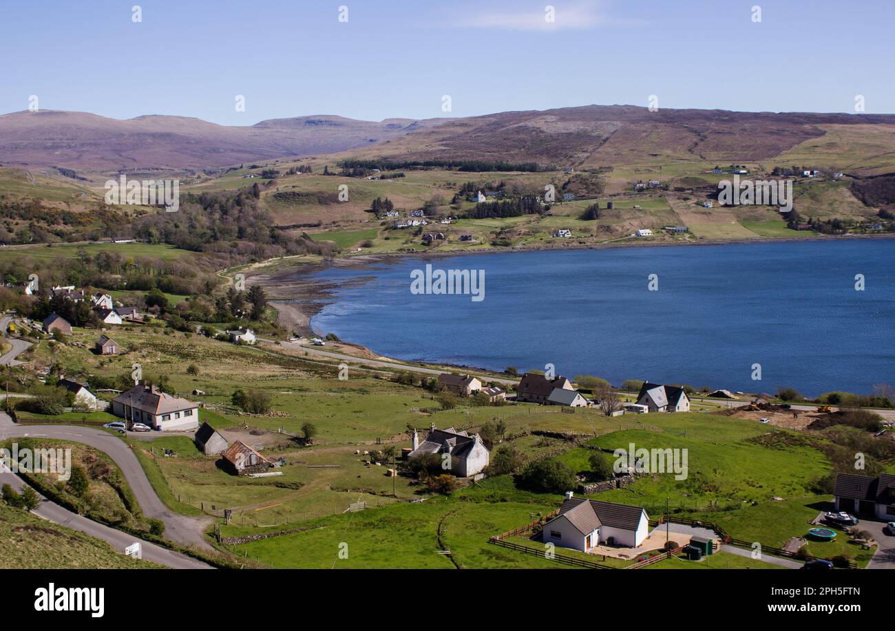 View over the bay of Uig and the surrounding village on a clear sunny ...