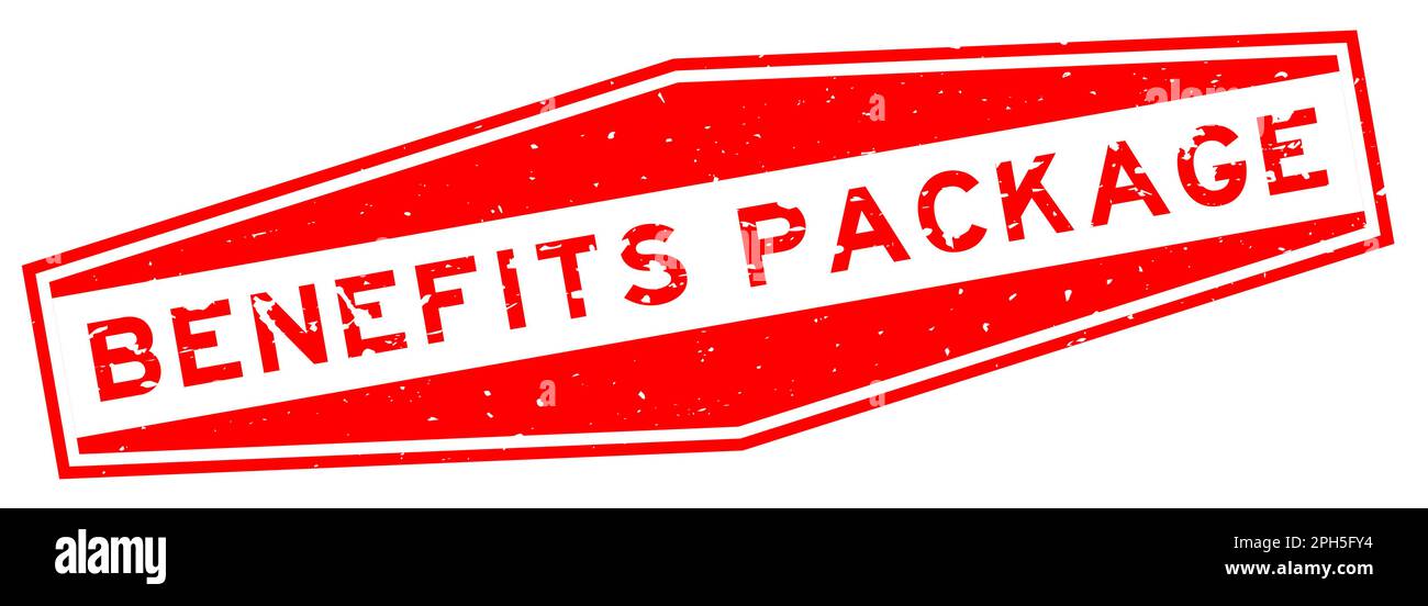 Grunge red benefits package word hexagon rubber seal stamp on white ...