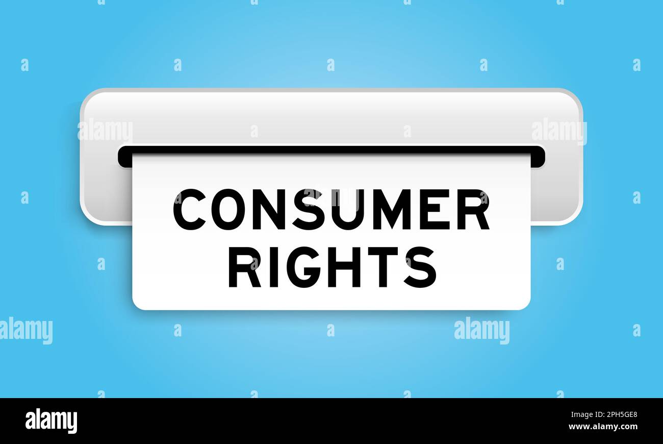White coupon banner with word consumer rights from machine on blue ...