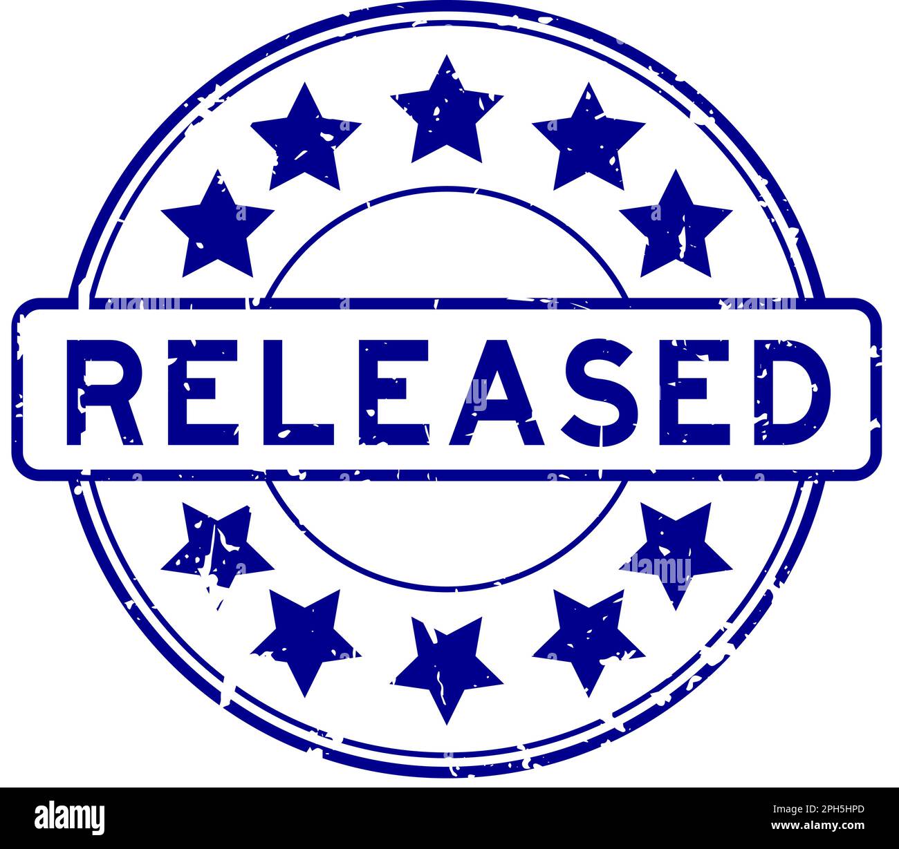 Grunge blue released word with star icon round rubber seal stamp on ...