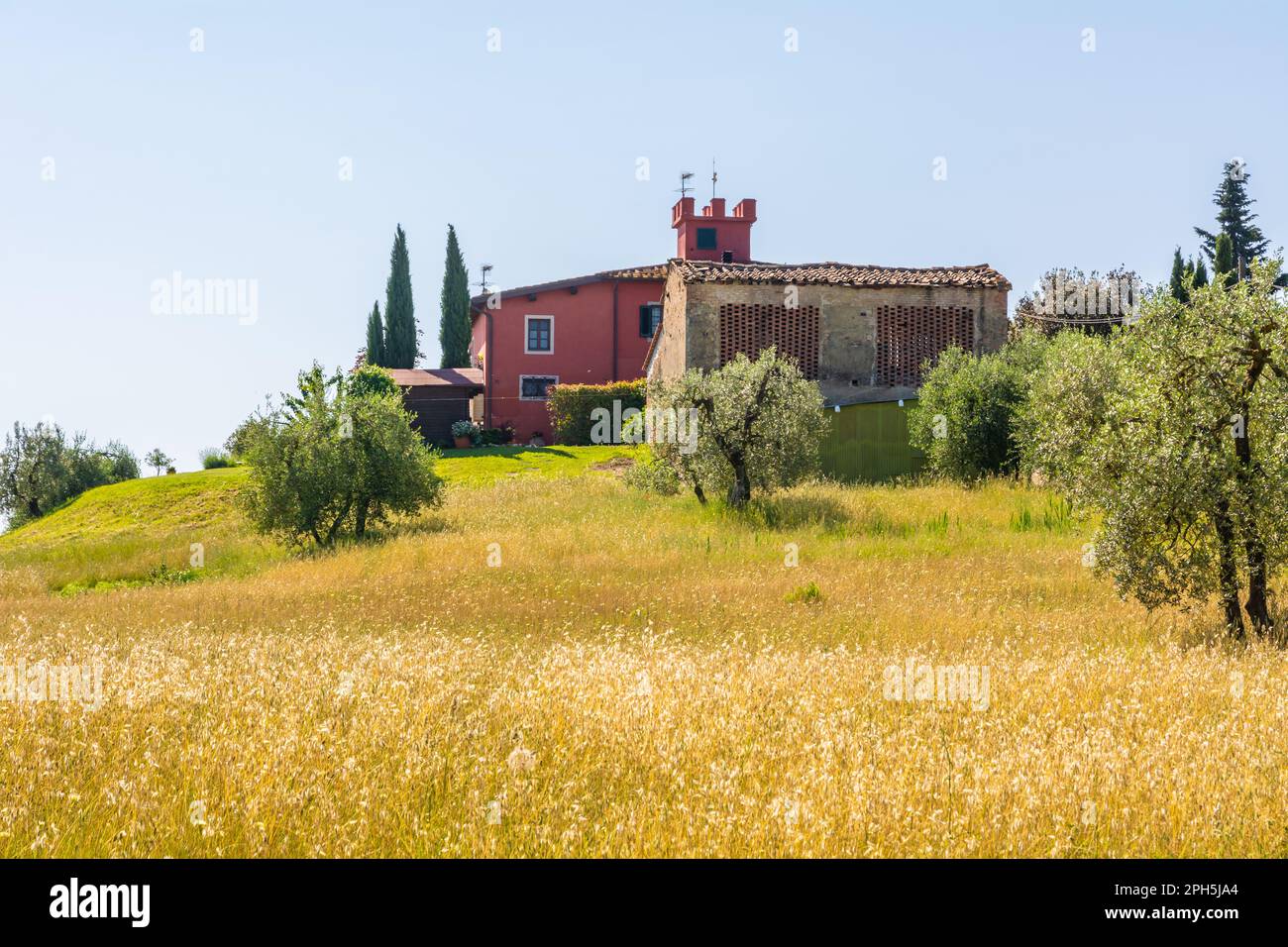 Baked brick half-timbered barn on farms in Tuscany region, near ...