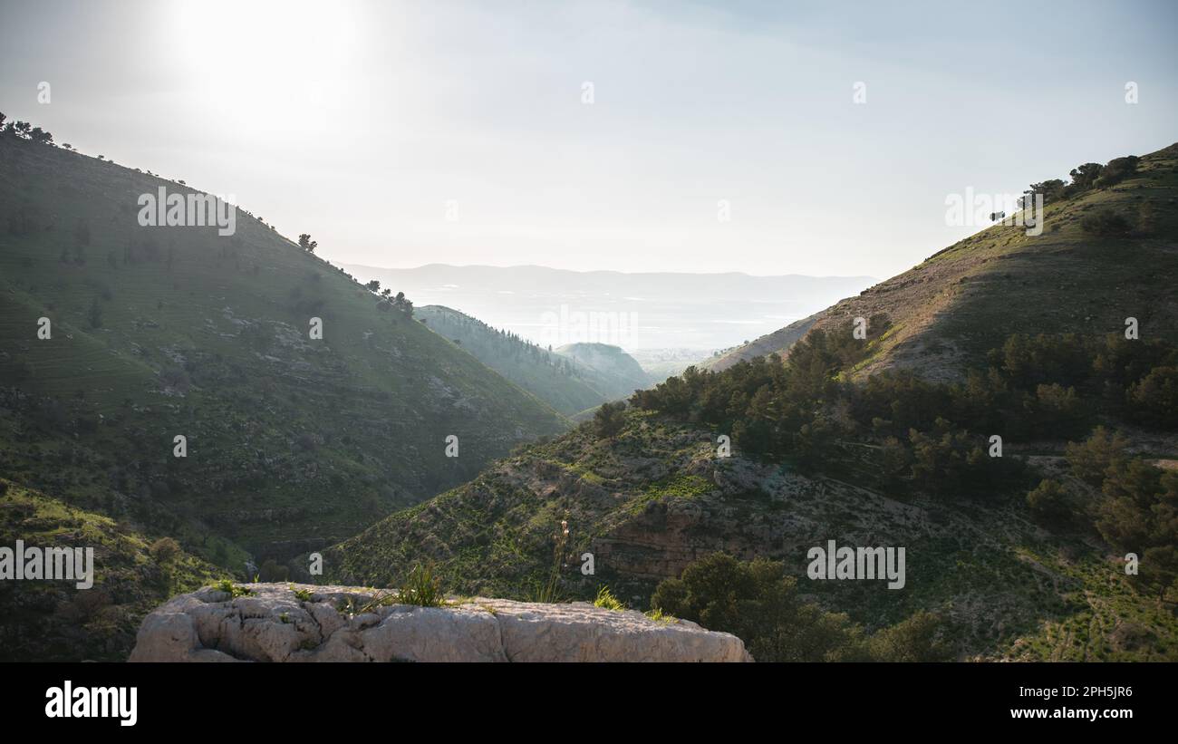 Stunning scene of mountains and cliffs extending far to the horizon ...