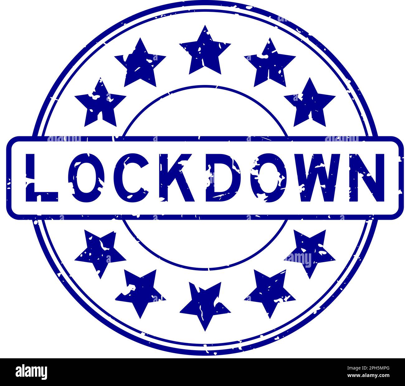 Grunge blue lockdown word with star icon round rubber seal stamp on ...