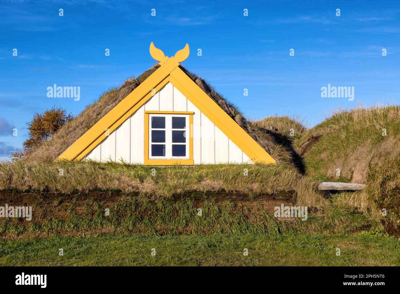 Rooftop of a traditional turf house in Glaumbaer, Iceland. Detailed ...