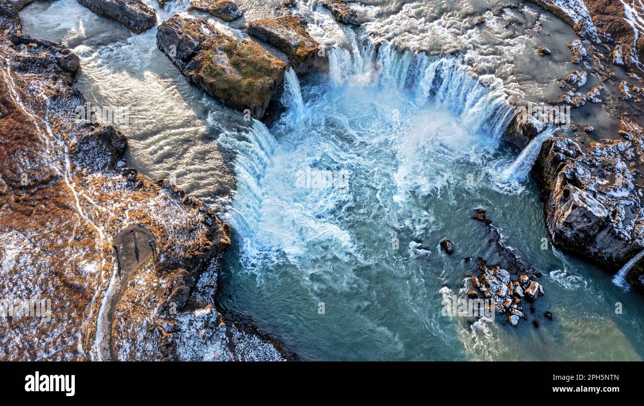 Godafoss waterfall overhead drone view. One of the most spectacular ...