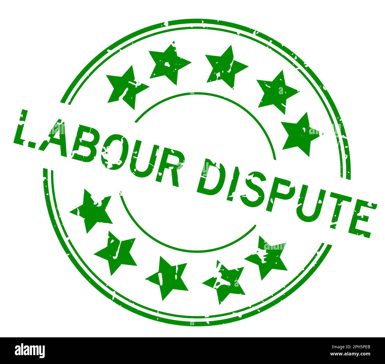 Grunge green labour dispute word with star icon round rubber seal stamp ...