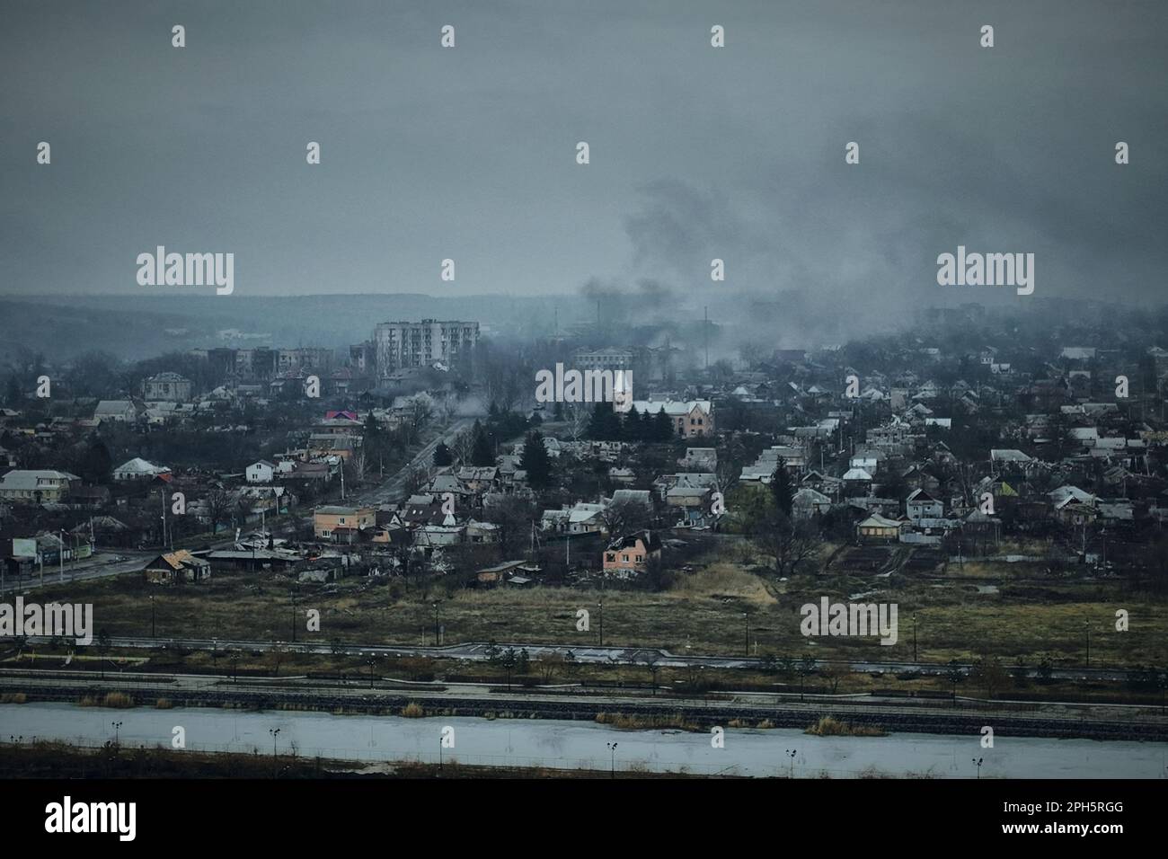 Smoke rises from buildings in an aerial view of Bakhmut, the site of ...