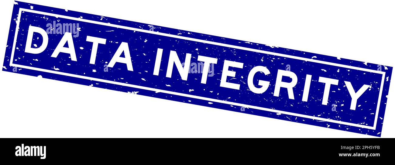 Grunge blue data integrity word square rubber seal stamp on white ...