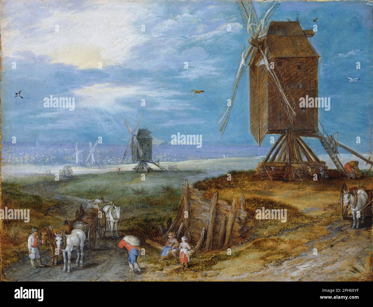 Extensive landscape with mills, peasants and carriages in the ...