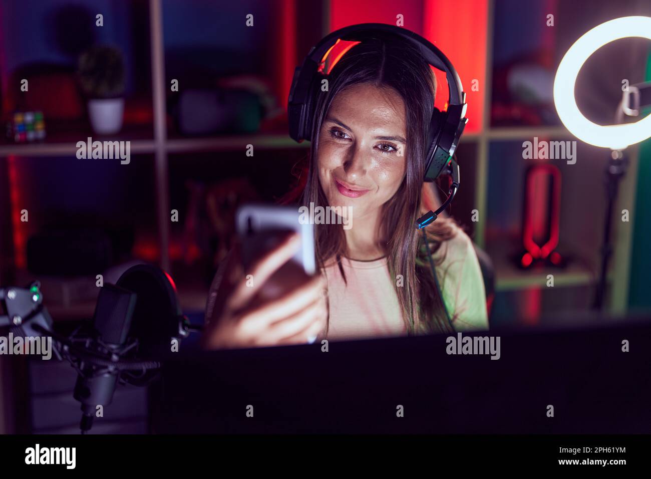 Young beautiful hispanic woman streamer smiling confident make selfie ...