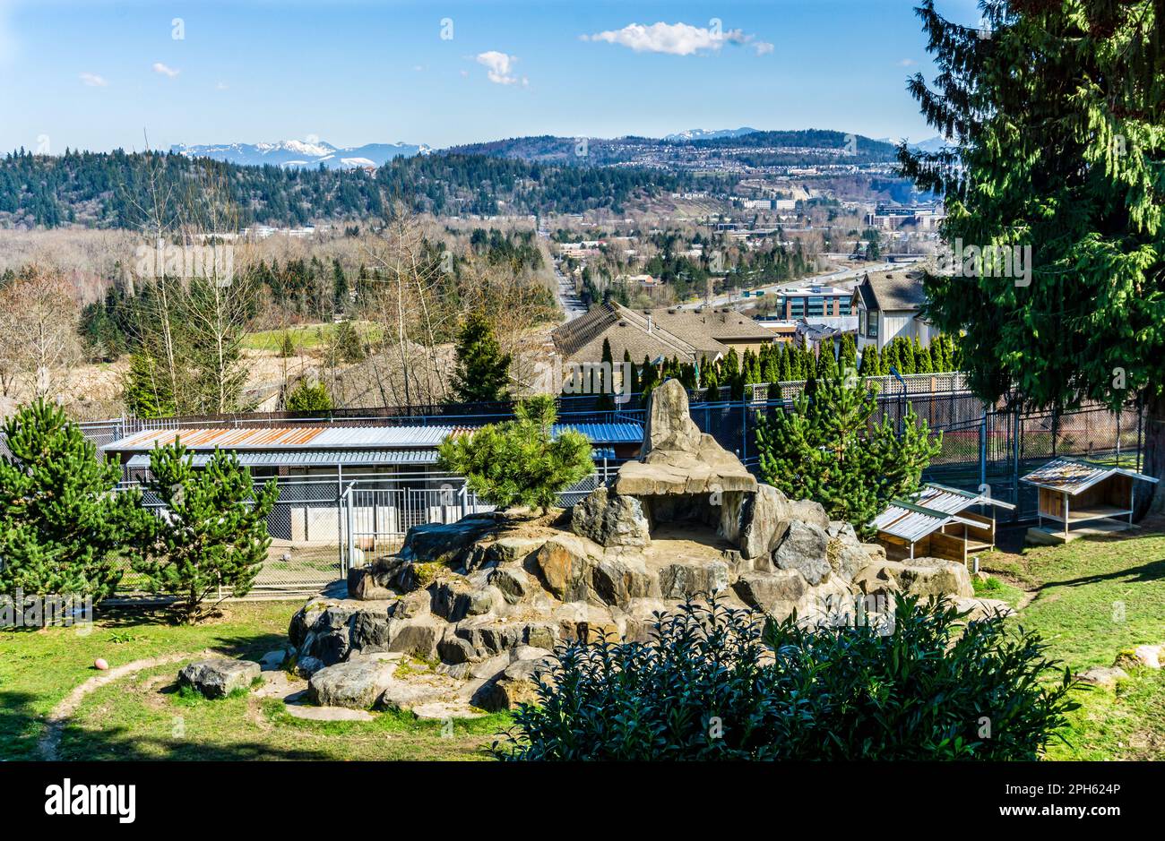 A landscape scene with builtding, tree and mountains in Issaquah ...