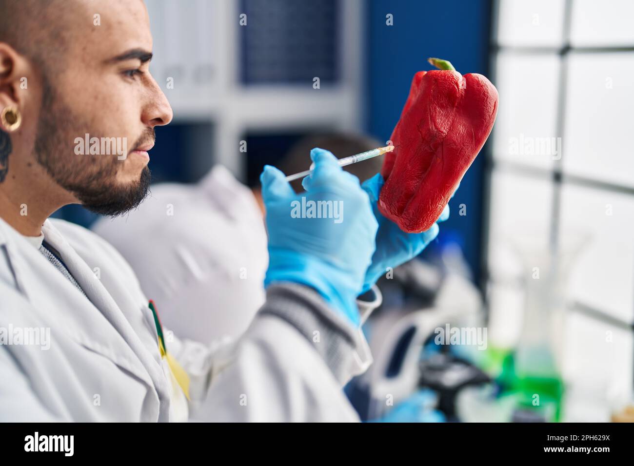 Two men scientist injecting liquid on red pepper using microscope at ...