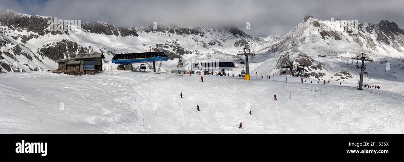 ST MORITZ, SWITZERLAND - FEBRUARY 28, 2023: Panorama view of ski lifts ...