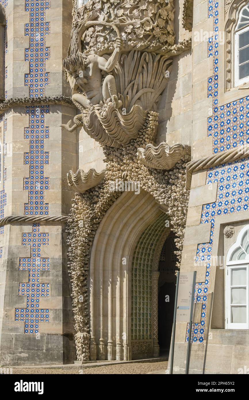 Demon supports the balcony at the entrance to Pena castle, Sintra ...
