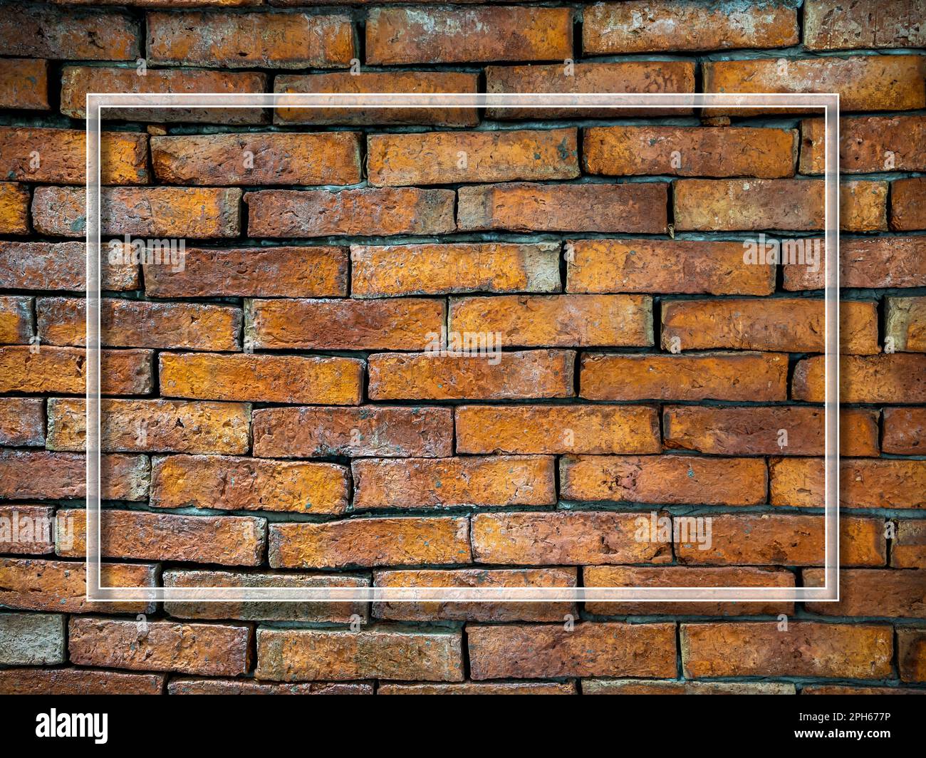 White transparent rectangle square frame on old red brick wall ...