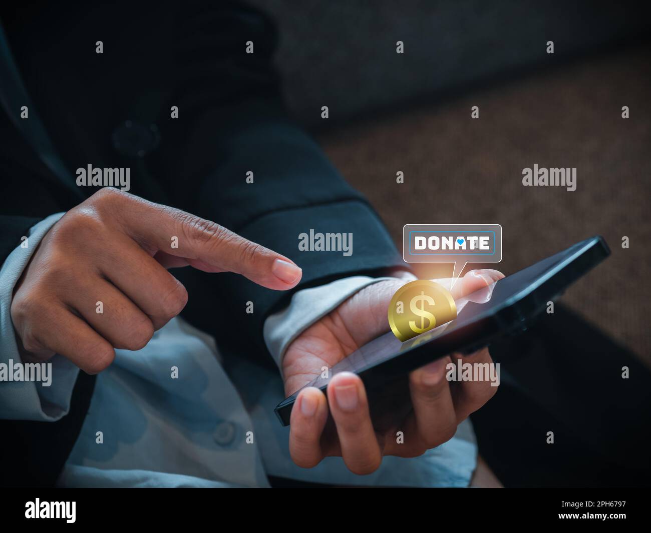 Close-up digital golden coin and donate icon appear on smart mobile ...