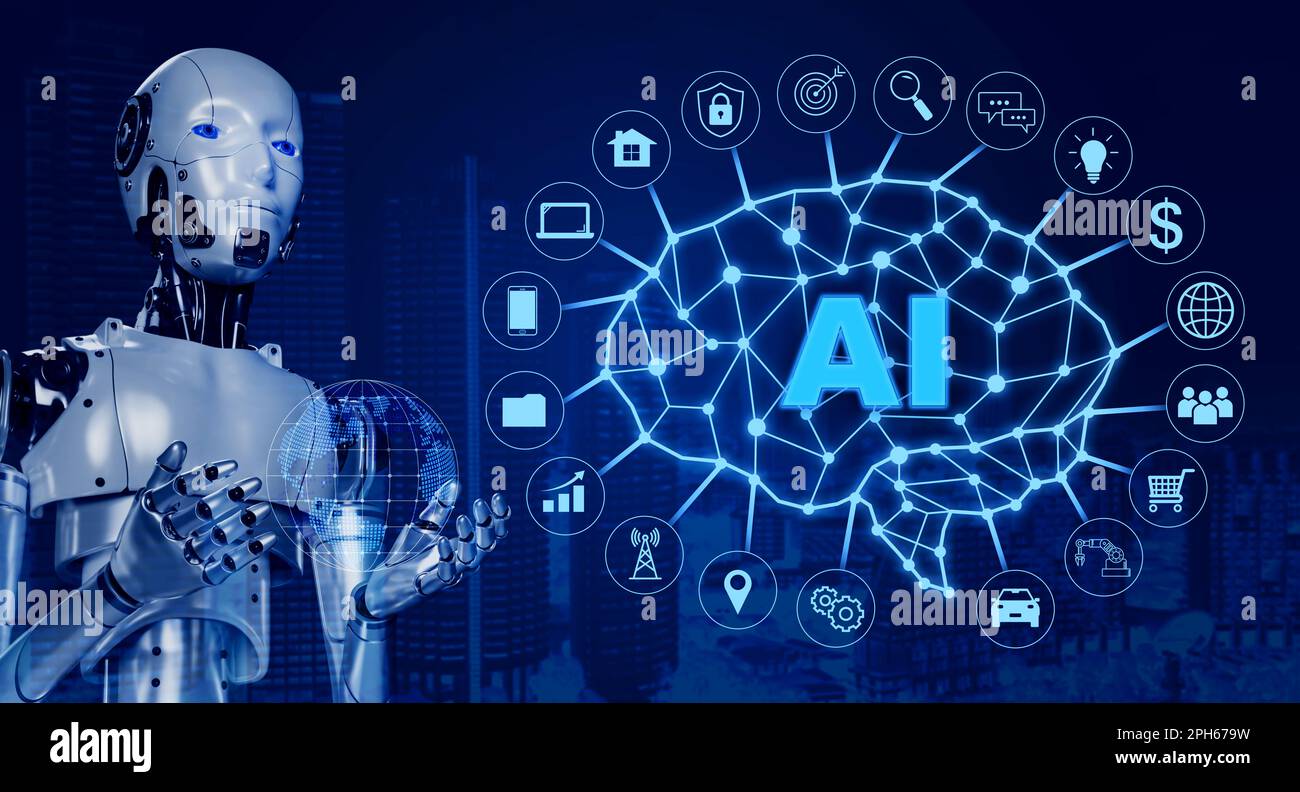 3d robot holding virtual digital world and management icons on blue ...