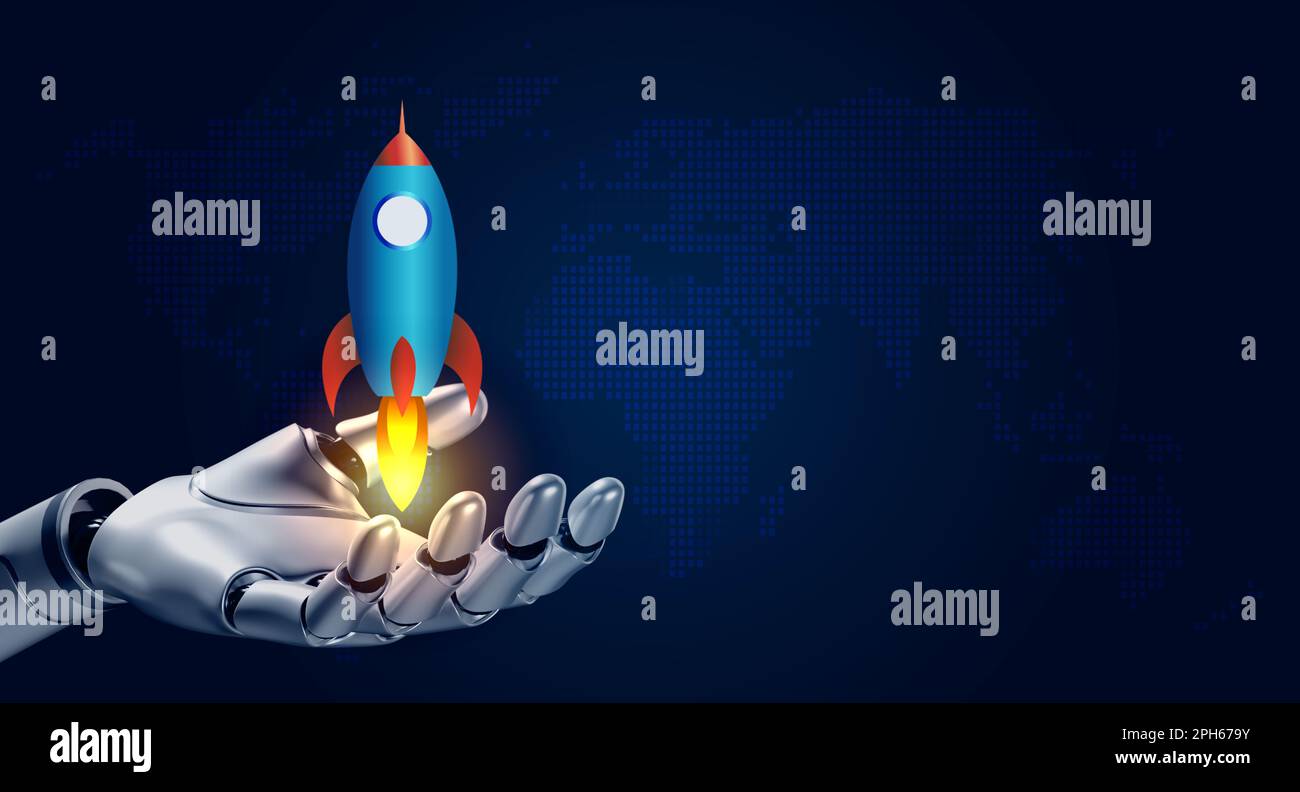 Close-up 3d rendering humanoid robot's hand holding virtual rocket ...