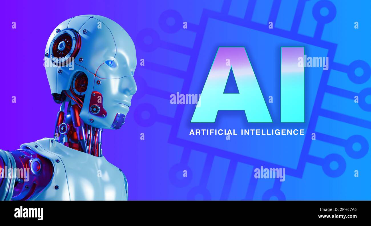 Close-up 3d rendering humanoid robot portraits looking forward and AI ...