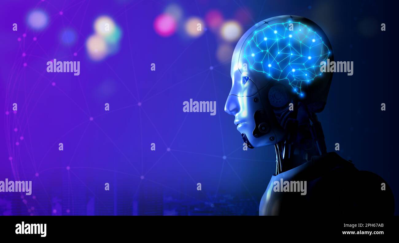 Digital brain glow in the humanoid robot head on blue network and city ...