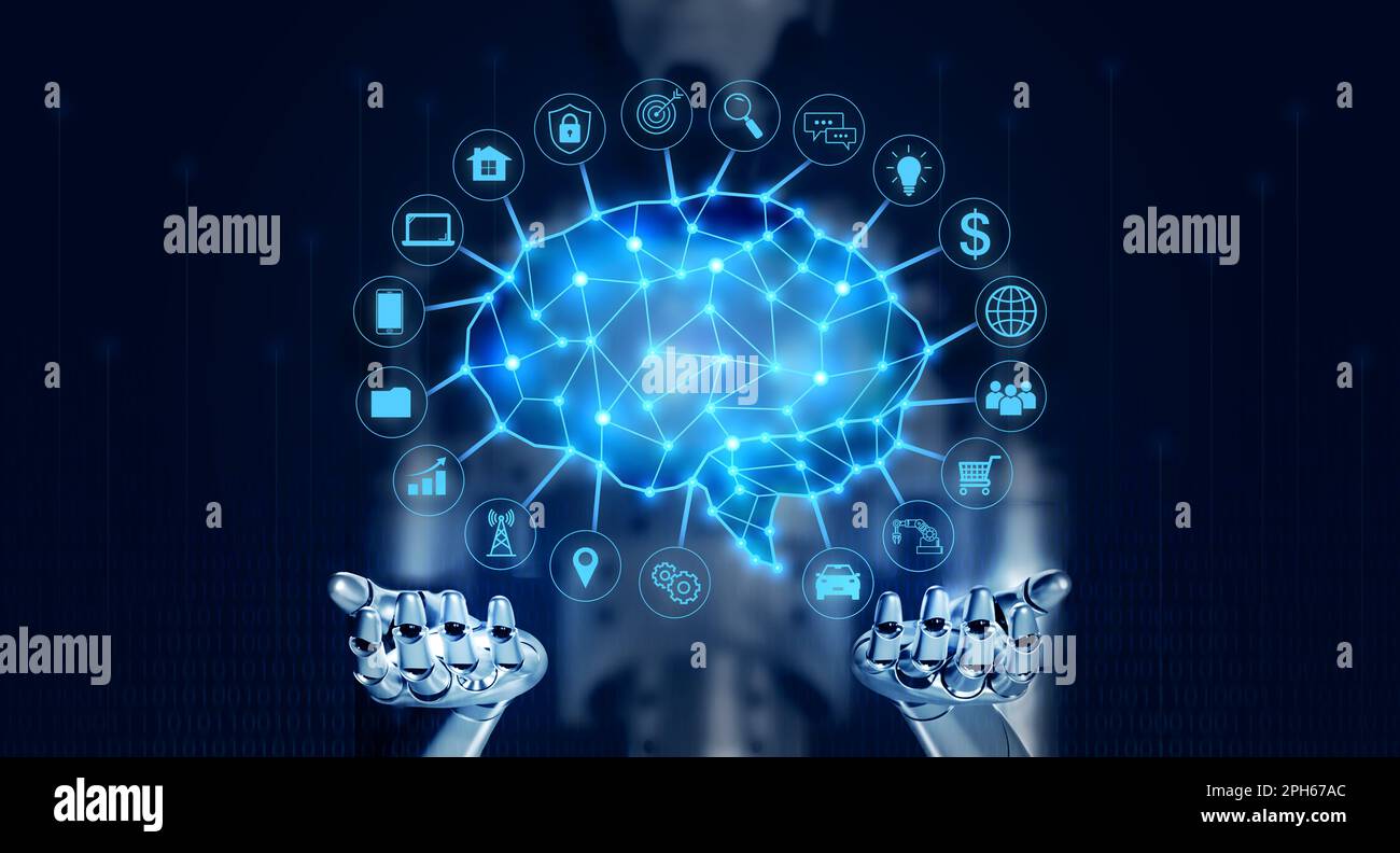 3d robot holding virtual management icons on blue digital network ...