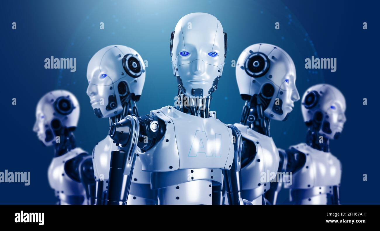 3d rendering of humanoid robot team, robotics army, cyborg machines on blue digital global ...
