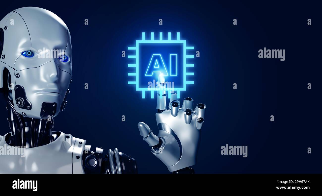 Glowing AI digital computer chip icon pressing by 3d rendering robot ...