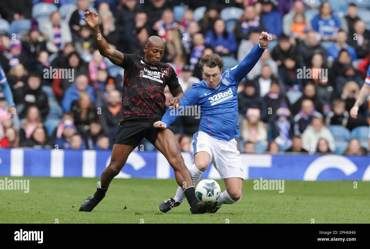 Rangers Legends’ Callum Beattie battles with World Legends Wes Brown ...