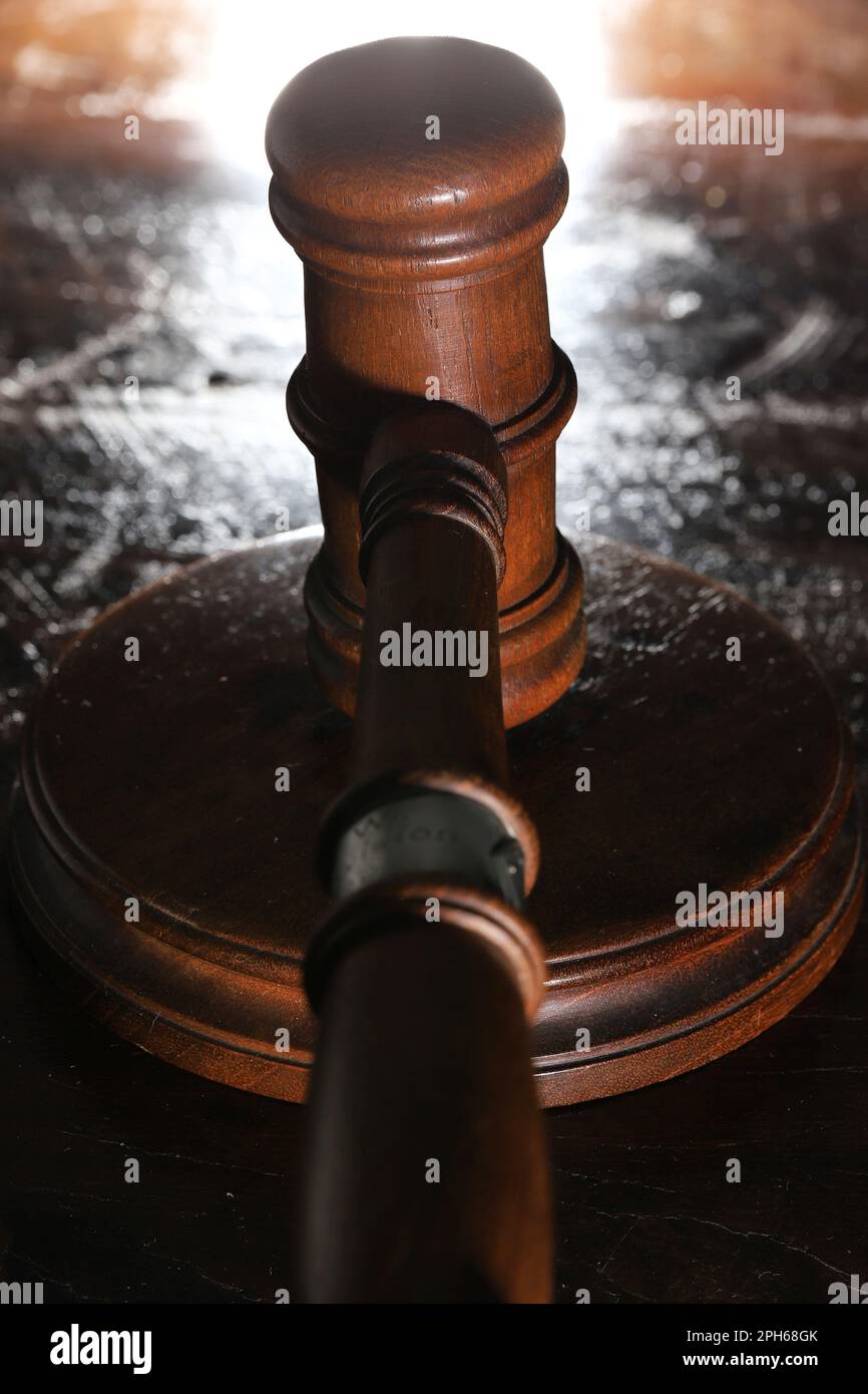 wooden gavel with sound block on desktop Stock Photo - Alamy