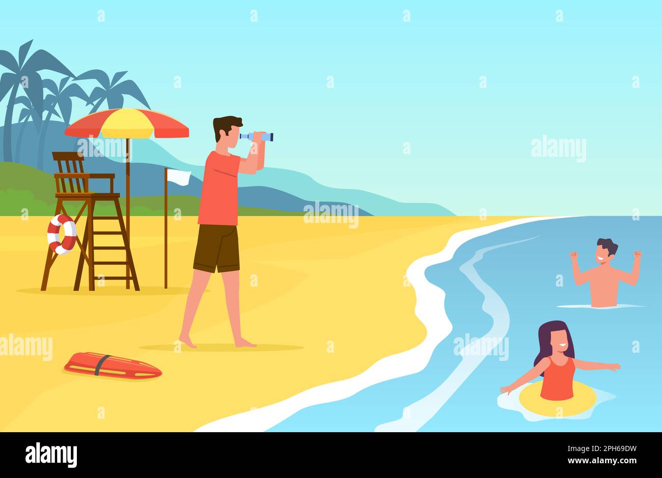 Lifeguard on beach observes children through binoculars, ensuring ...