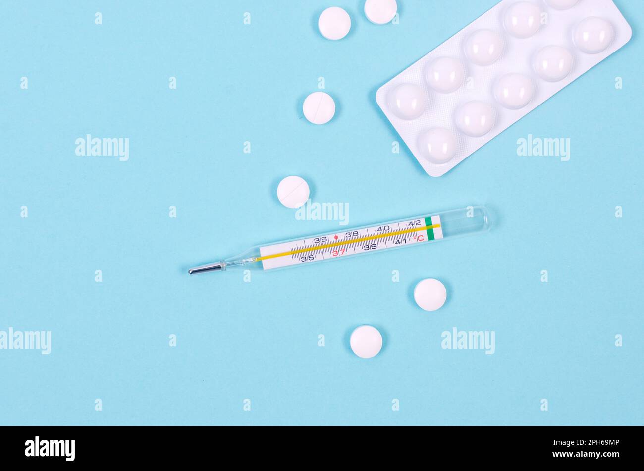 Medicines for treatment- pills, spray bottles, blister and thermometer ...