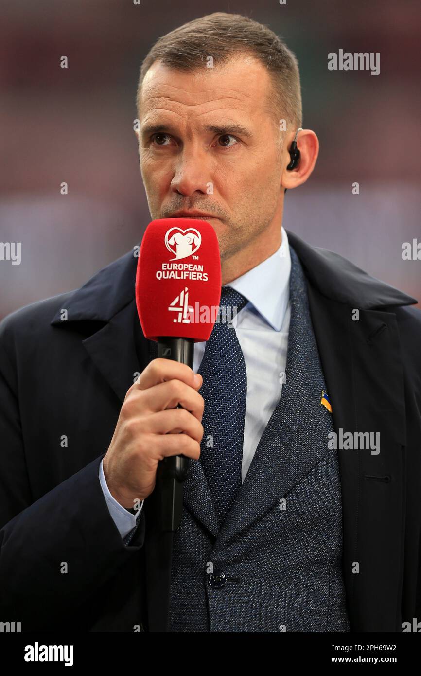 London, UK. 26th Mar, 2023. Andriy Shevchenko is interviewed before the UEFA Euro 2024 ...