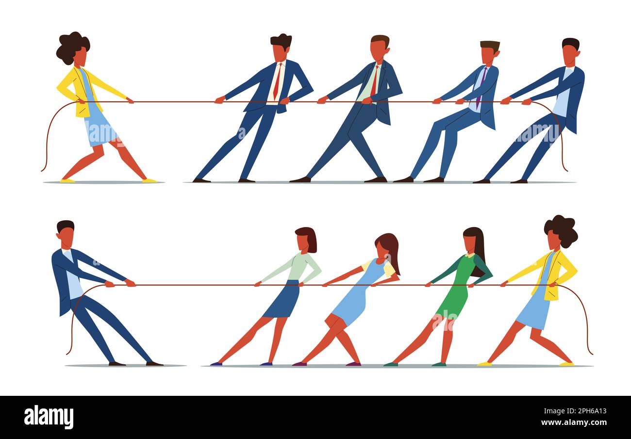 Businesswoman competes in tug of war with group of male coworkers ...