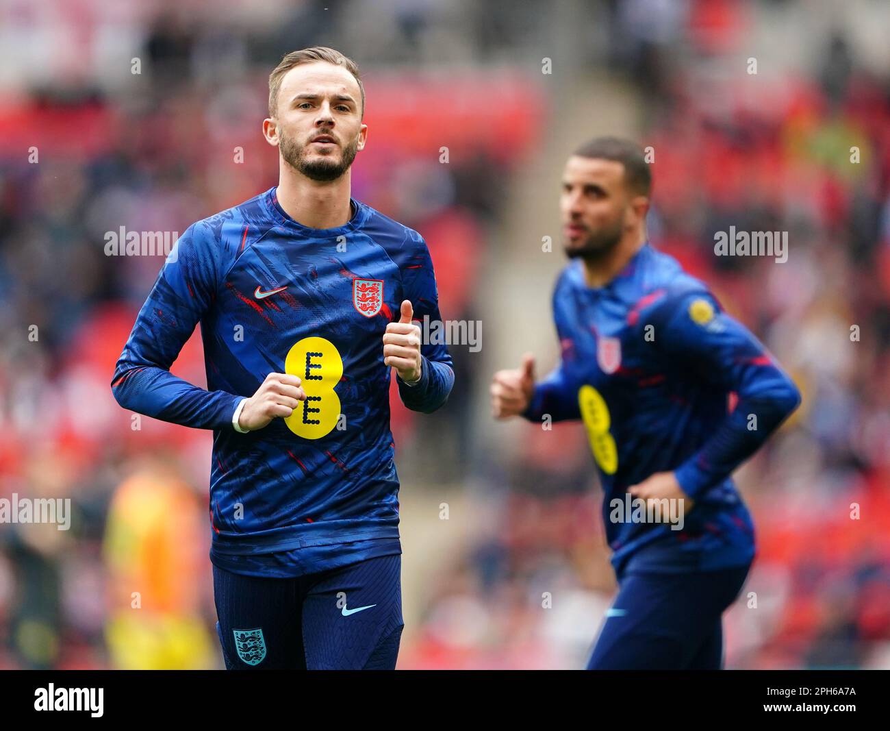 England's James Maddison and Kyle Walker warming up ahead of the UEFA ...