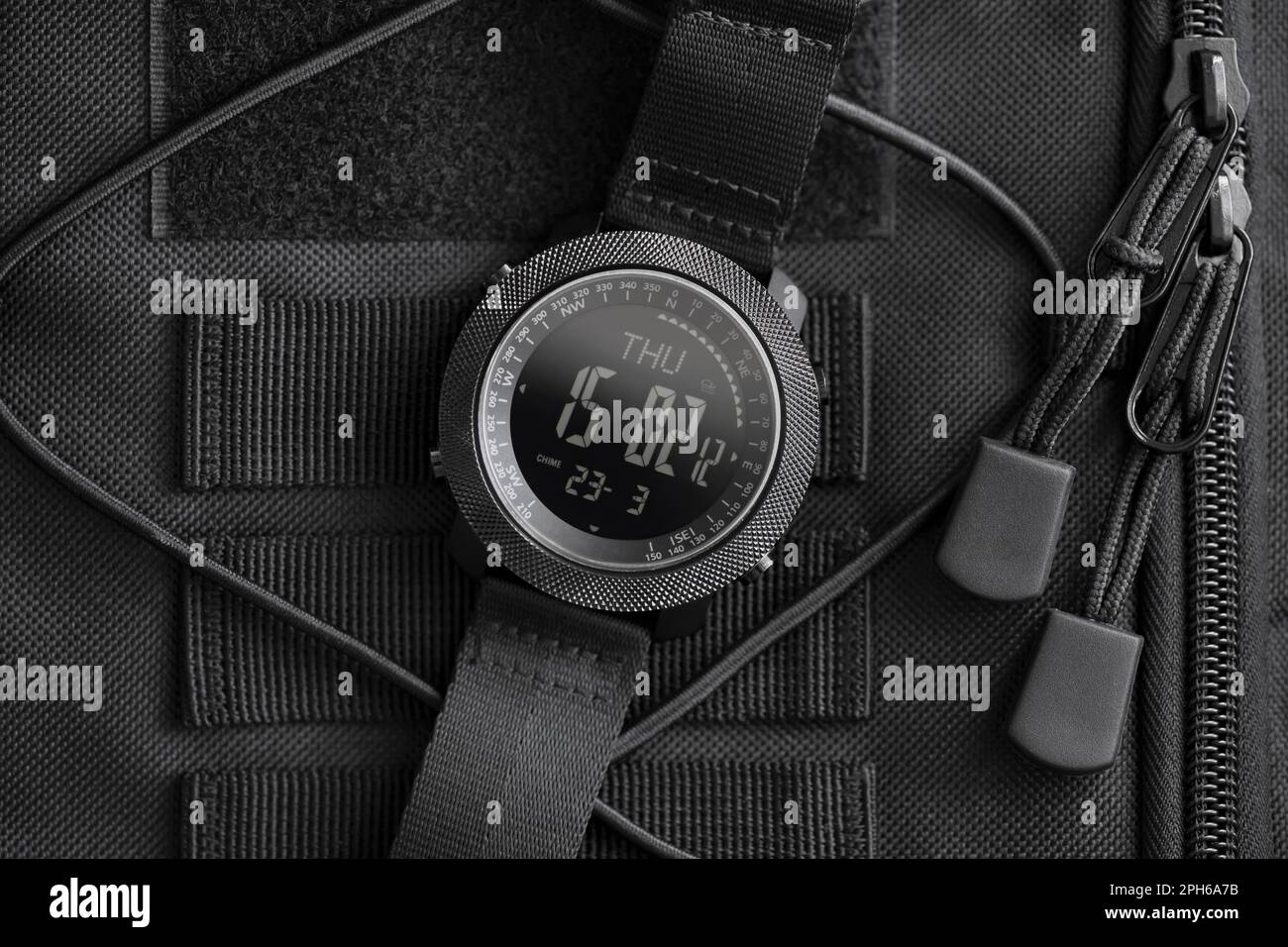 Military tactical field electronic watch in black steel case, notched ...