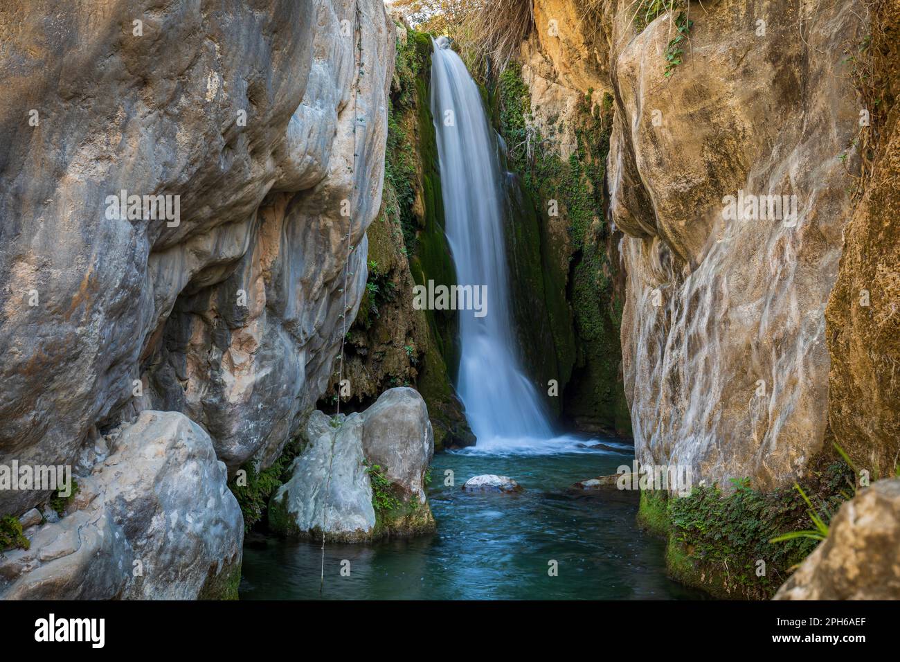 Scenic view of the main waterfall of Fuentes del Algar in Callosa d'En ...