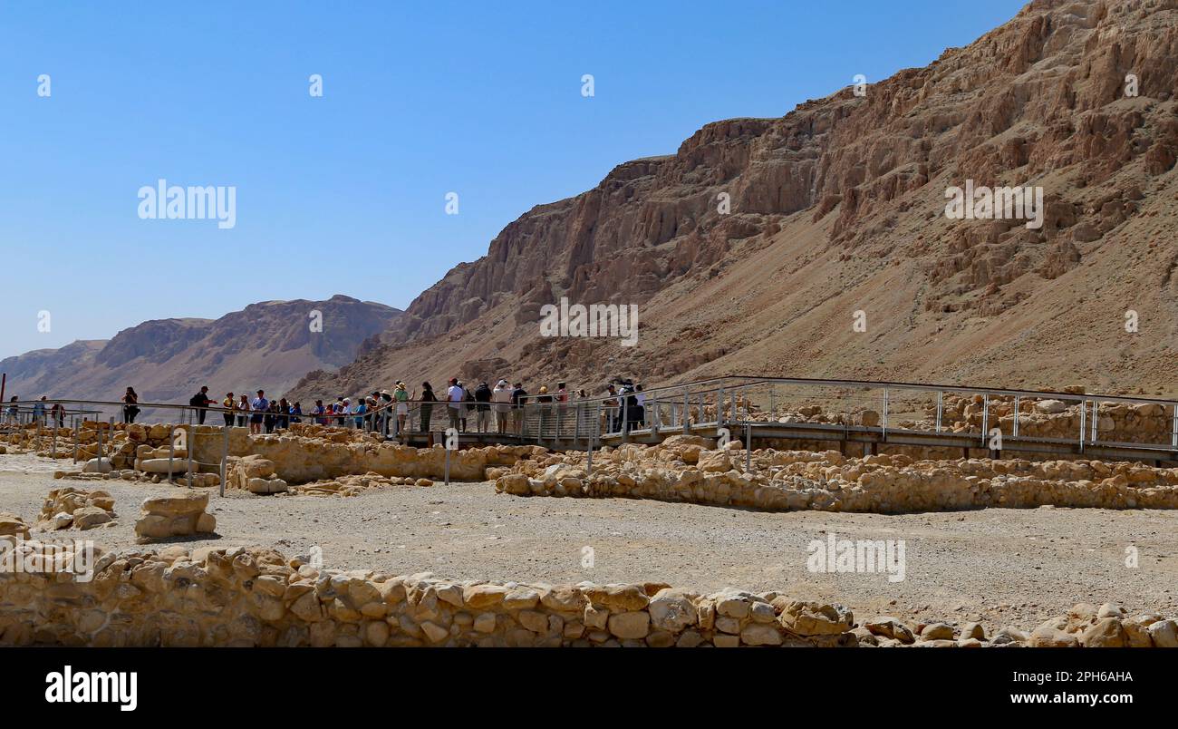 Visitors at Qumran National Park explore the ancient Essene community ...