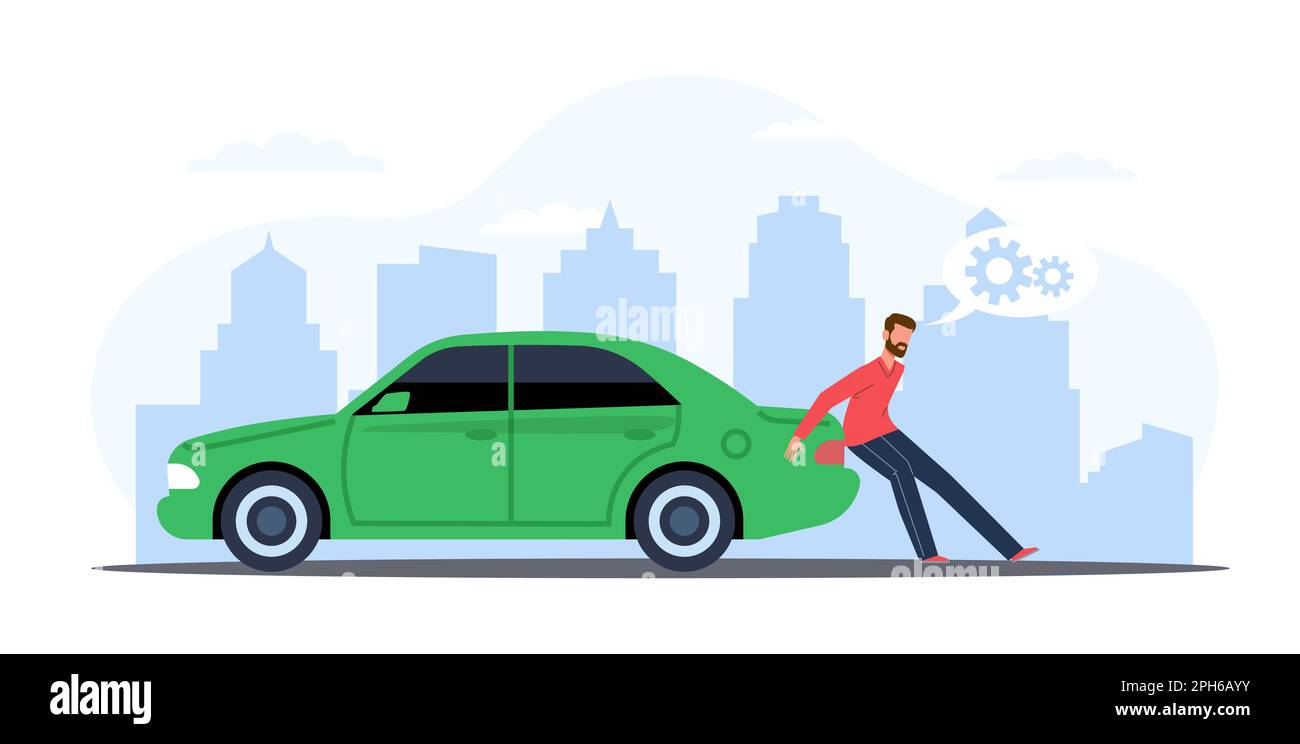 Man is pushing broken car down city road. Vehicle on roadside push to ...