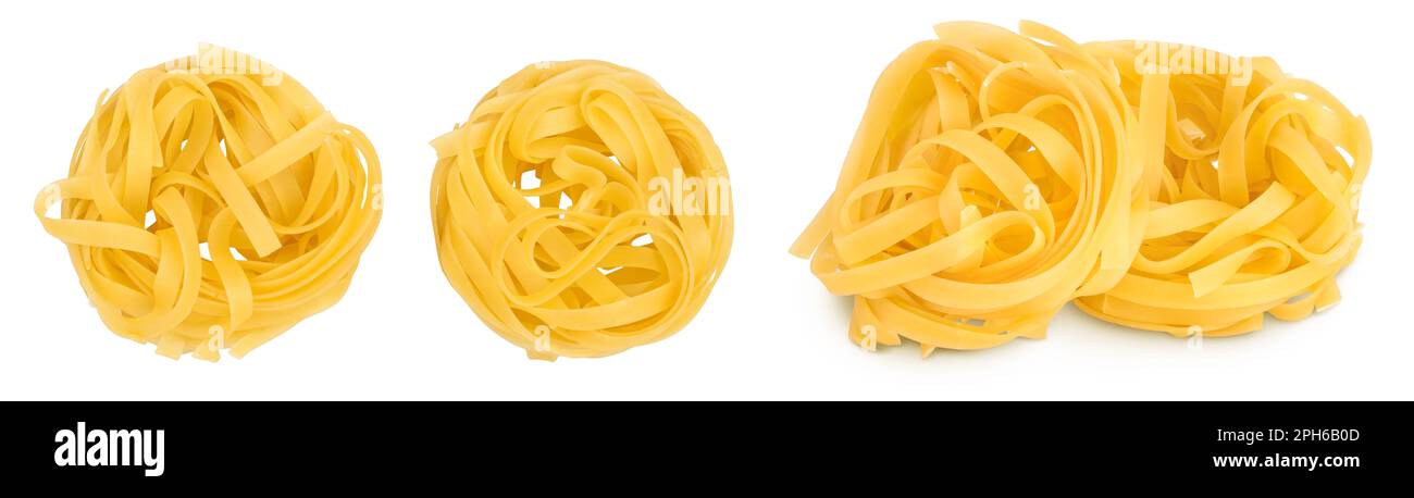 Raw tagliatelle pasta isolated on white background with full depth of ...