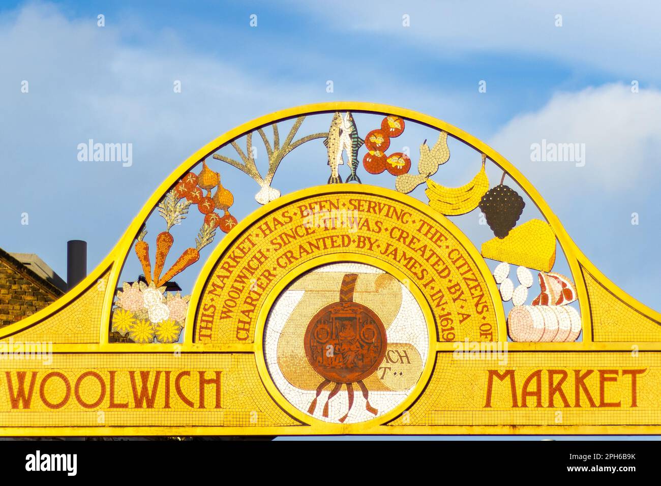 London, Uk, December 2022: Woolwich Market sign with seal in Greenwich ...