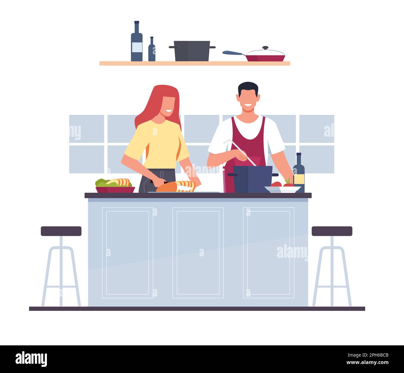 Married couple, man and woman cooking together in kitchen. Happy family ...